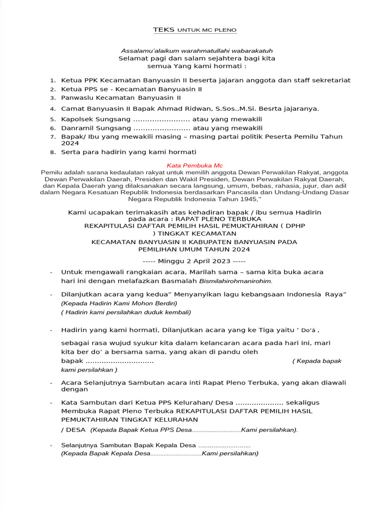 PDF Teks MC Pembawa Acara Rapat Pleno Pps | PDF