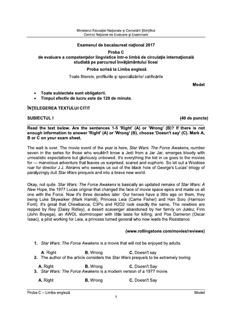 Model Subiect Scris 2017 | PDF