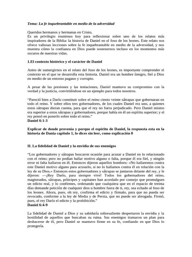 Prédica de Daniel en El Foso de Los Leones | PDF