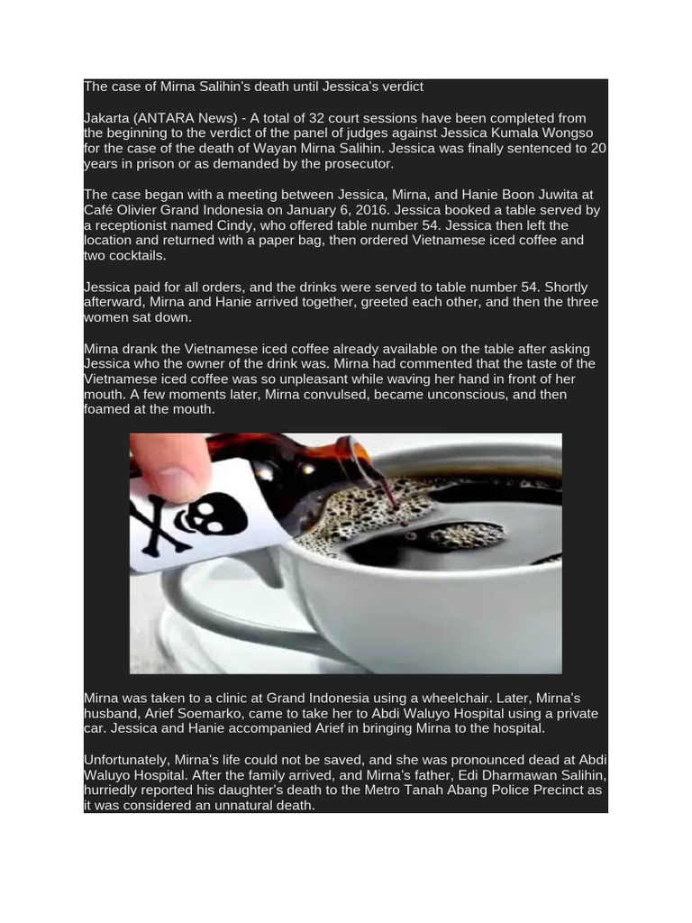 The Case of Mirna Salihin's Death Until Jessica's Verdict | PDF ...