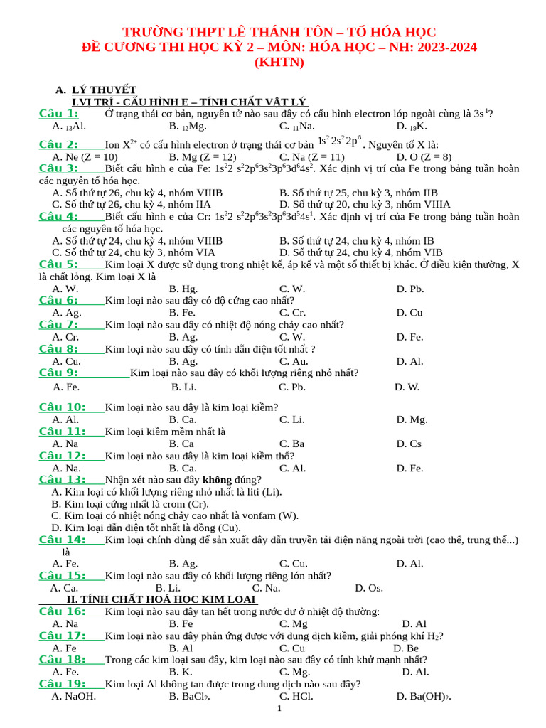 ĐE CUONG ON THI HK2 12 KHTN Trư NG LTT Năm 2023-2024 | PDF