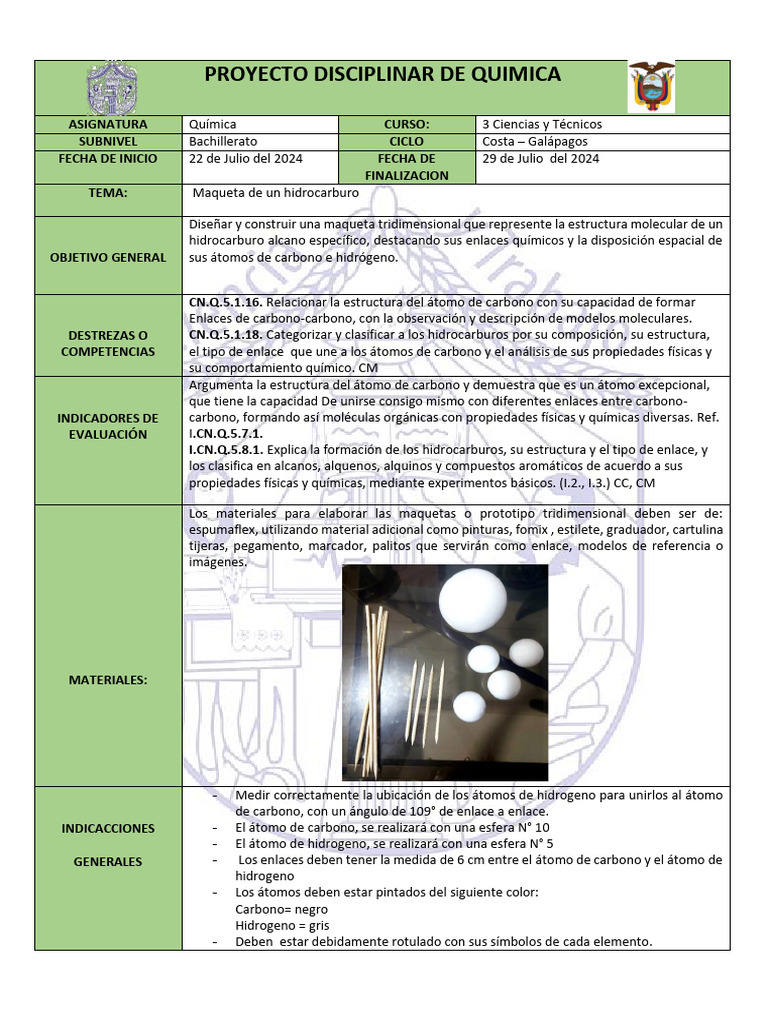 ESQUEMA-PROYECTO DISCIPLINAR. QUIMICA 1 Trimestre | PDF