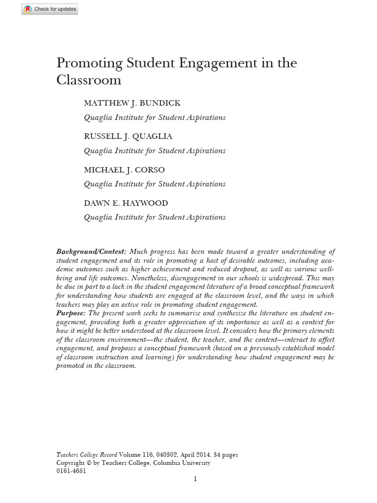 Bundick Et Al 2014 Promoting Student Engagement in The Classroom | PDF