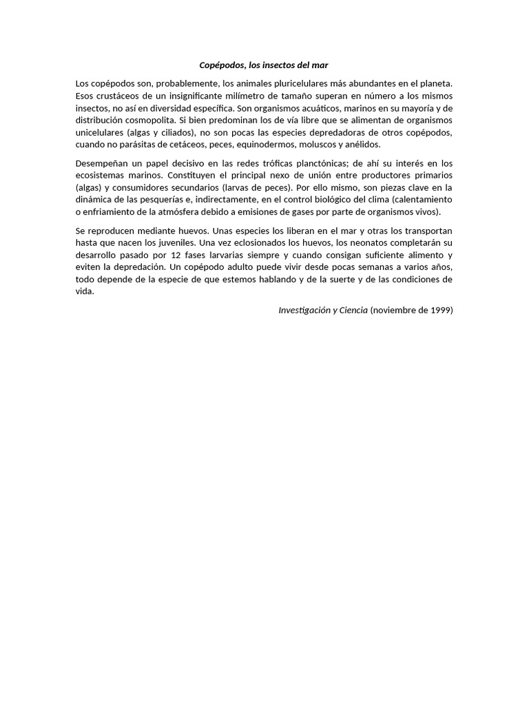 Copépodos, Los Insectos Del Mar | PDF