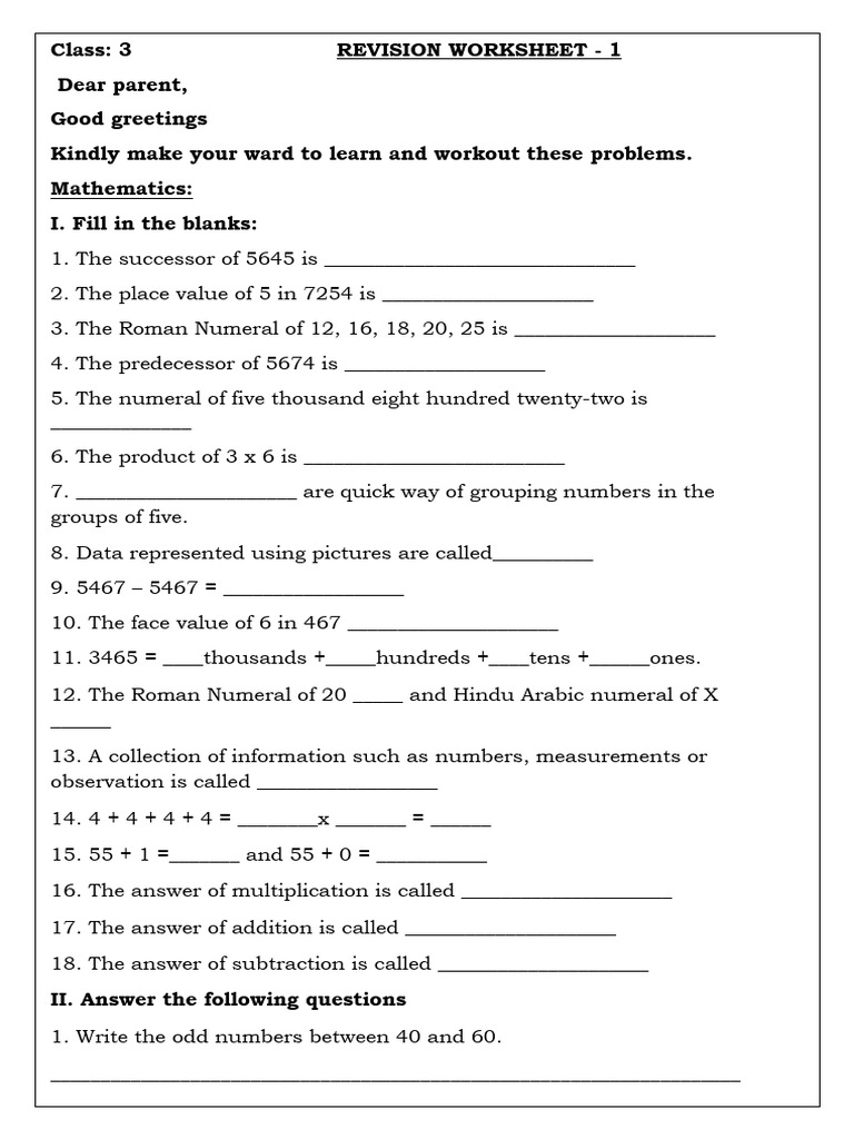 Class 3 Revision Worksheet 1 - 2024 | PDF | Multiplication | Teaching ...