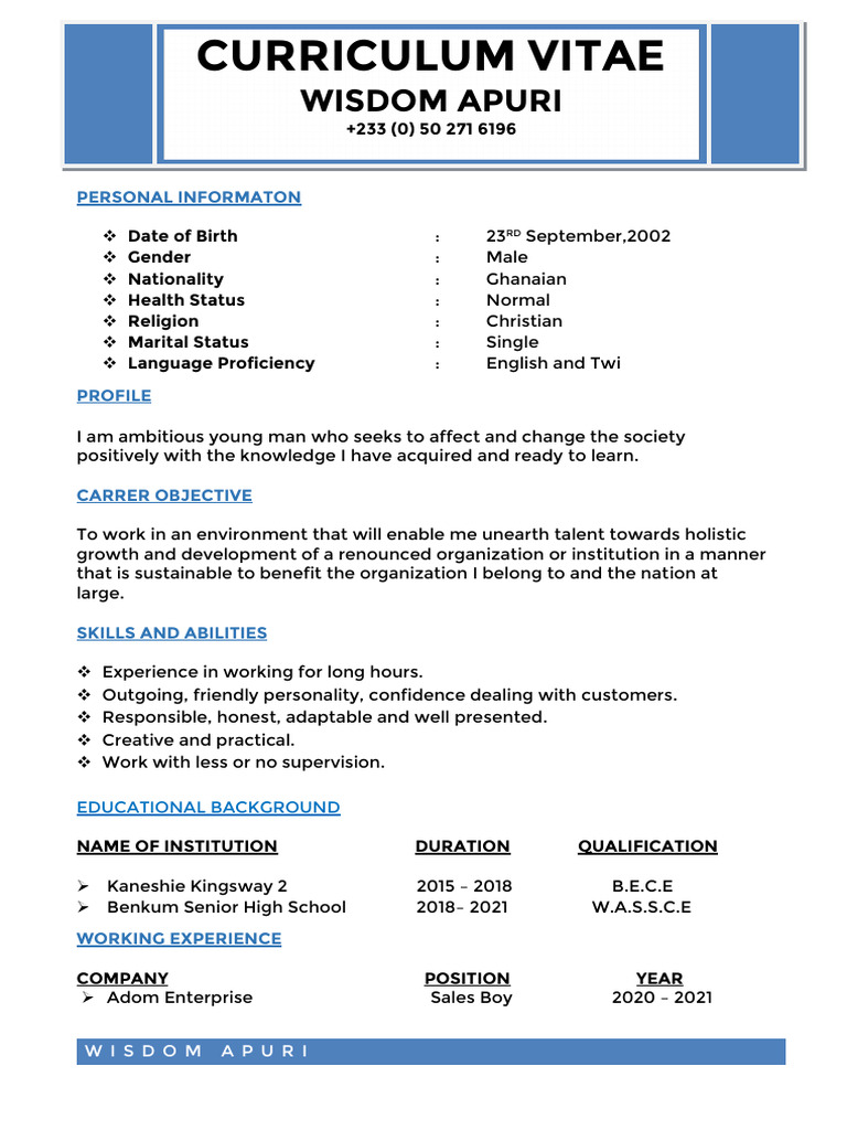 Application and Cv Wisdom Apuri | PDF