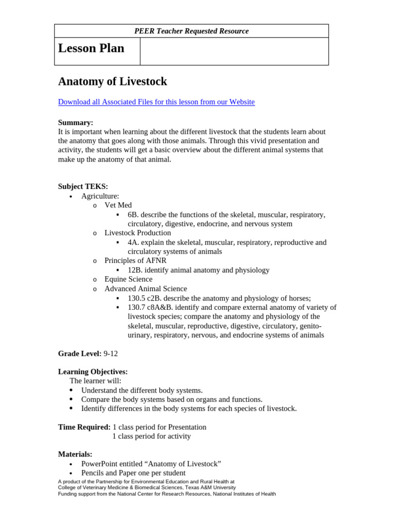 Anatomy of Livestock Lesson Plan | PDF