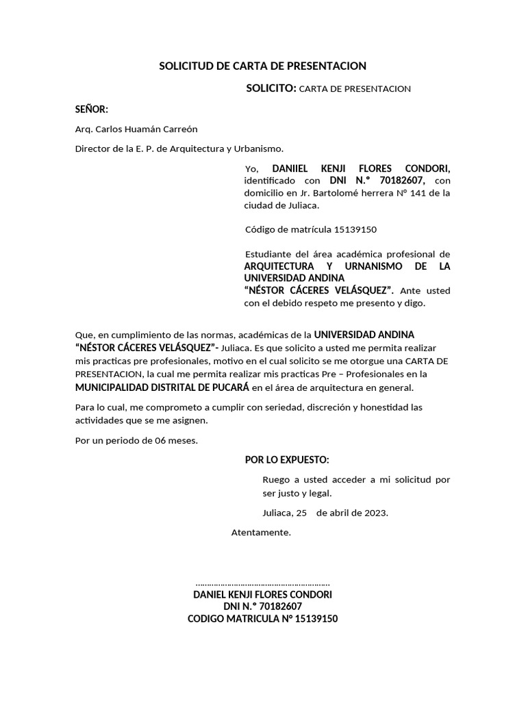 Solicitud Presentacion Daniel Kenji | PDF
