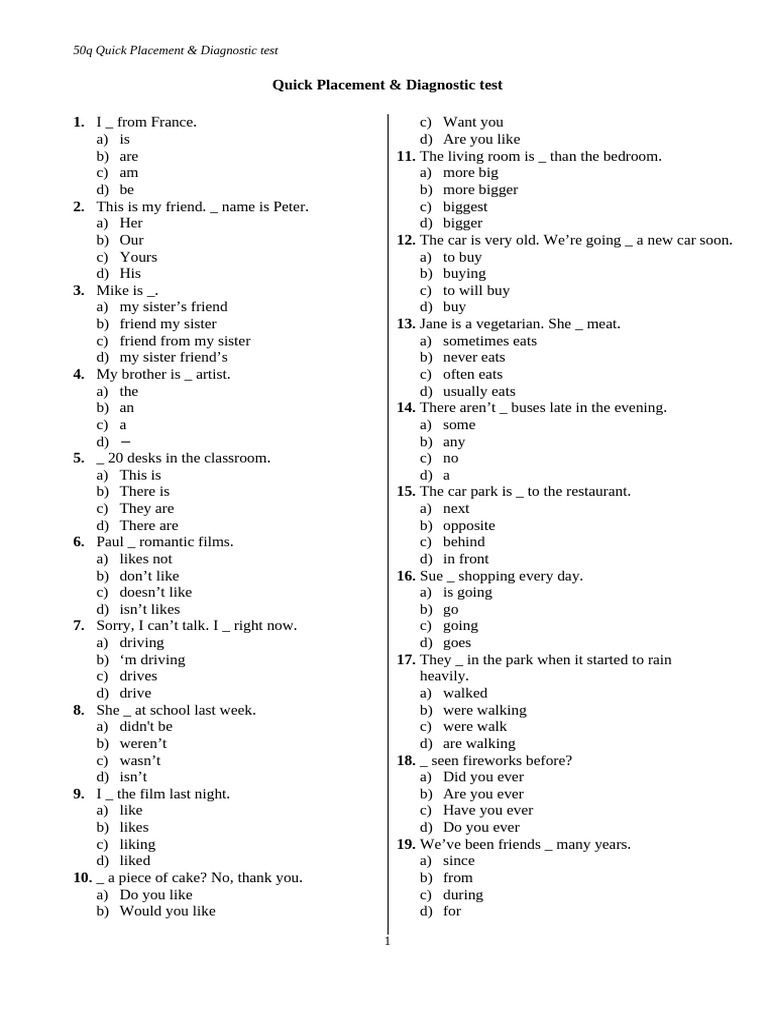 50q Quick Placement & Diagnostic Test 50q | PDF