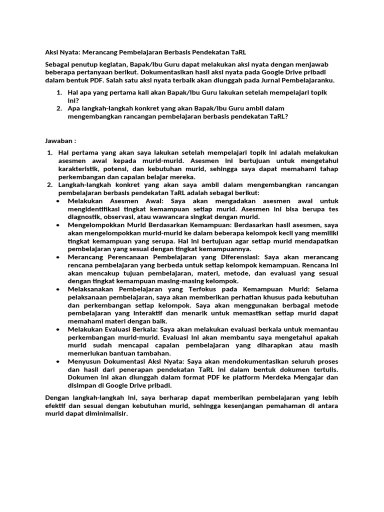Aksi Nyata Merancang Pembelajaran Berbasis Pendekatan TaRL | PDF