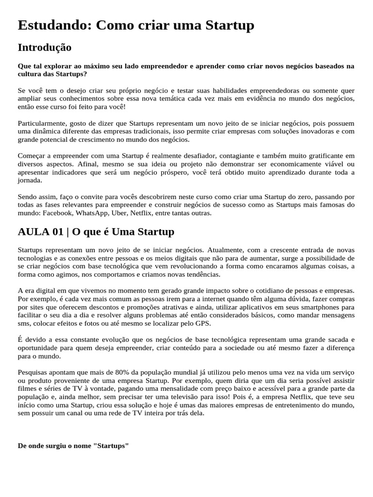 Como criar uma Startup | PDF