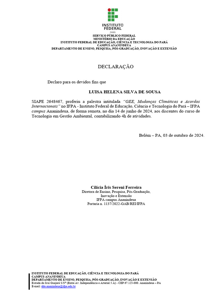Declaração - LUISA HELENA SILVA DE SOUSA | PDF Declaração - LUISA HELENA SILVA DE SOUSA | PDF