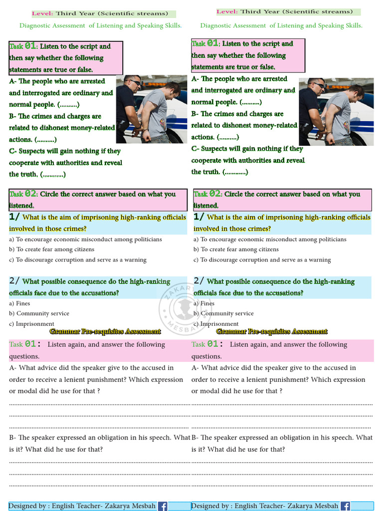listening and speaking diagnostic assessment for third year S | PDF