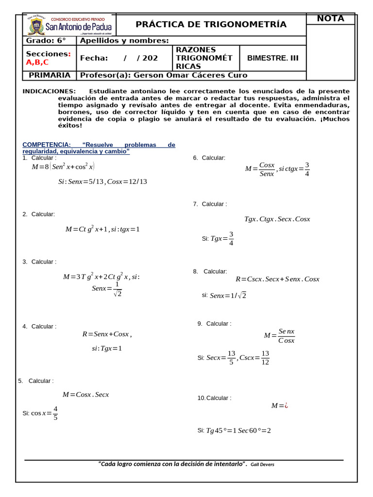 Práctica Trigonometría | PDF