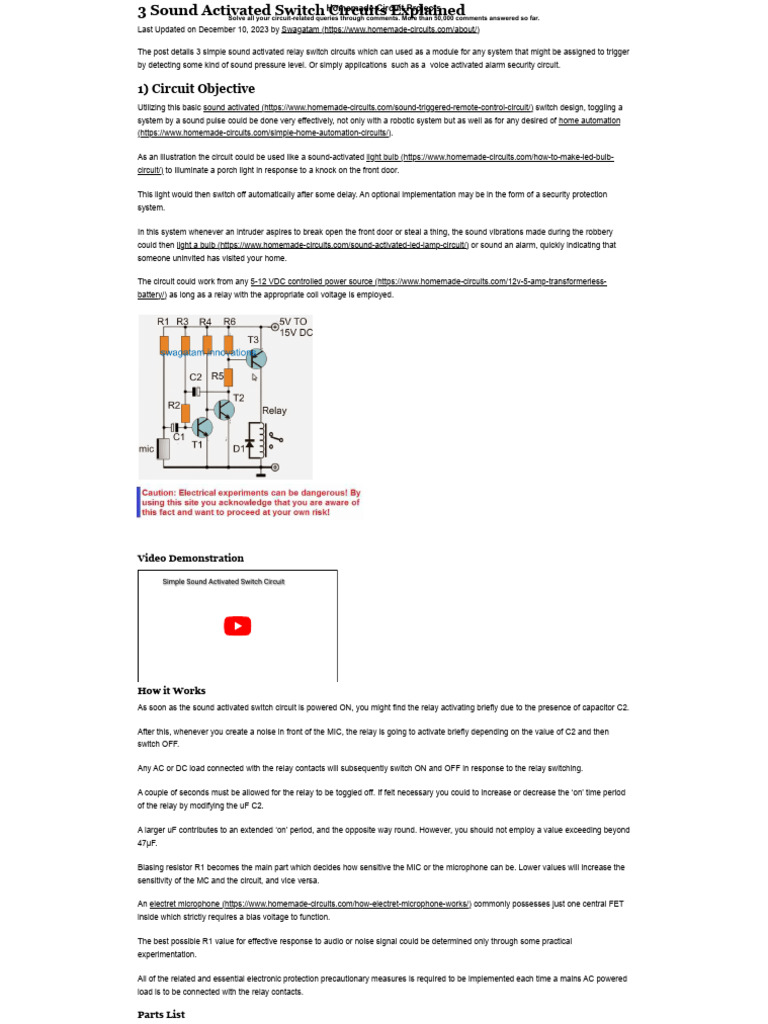 3 Sound Activated Switch Circuits Explained - Homemade Circuit Projects ...