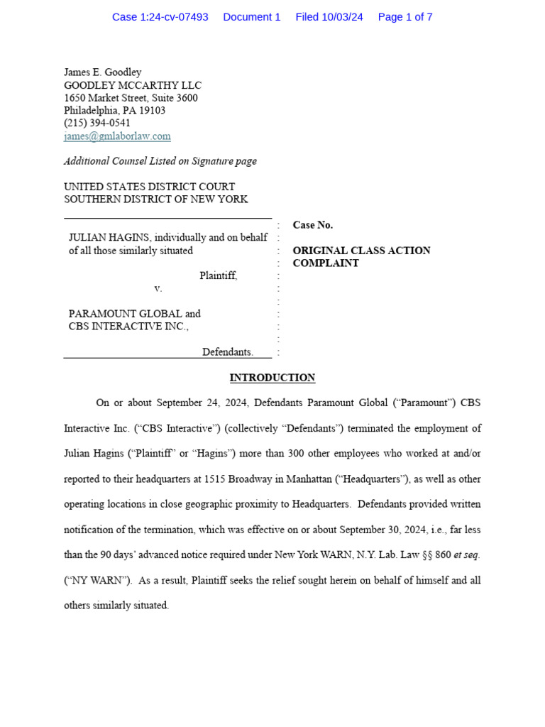 Paramount WARN | PDF | Class Action | Law
