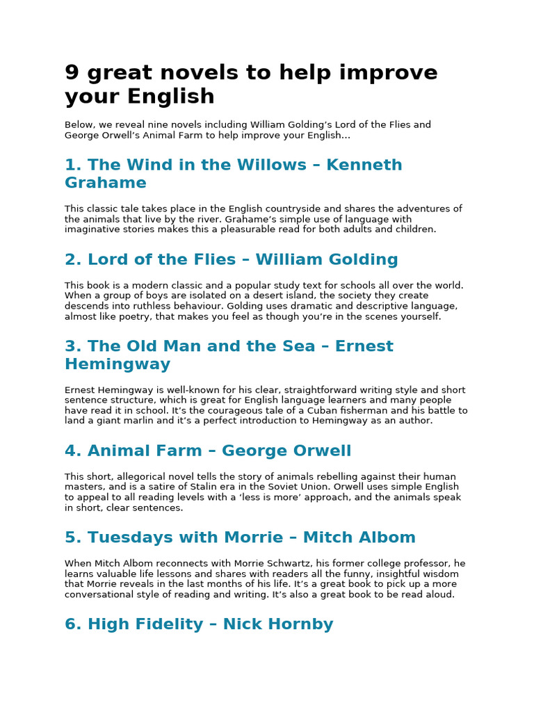 9 Great Novels to Help Improve Your English | PDF