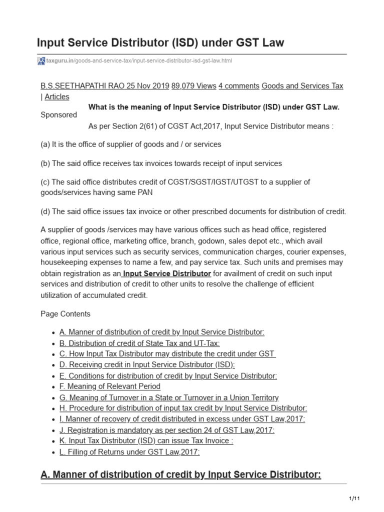 Taxguru - In-Input Service Distributor ISD Under GST Law | PDF