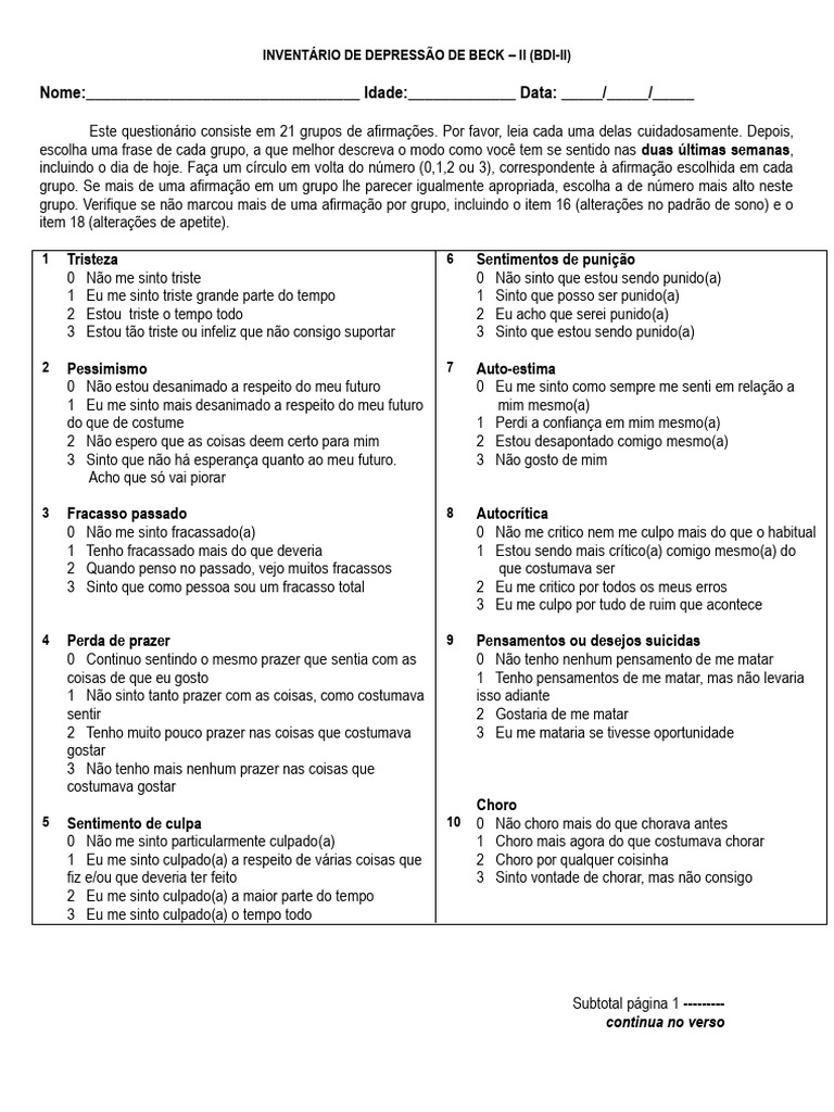 Escala de Depressão de Beck BDI II | PDF
