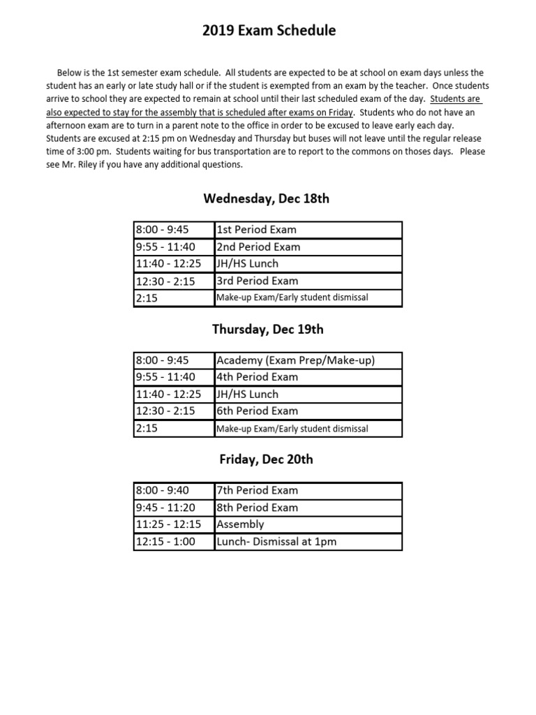 2019-20 1st Semester Exam Schedule | PDF