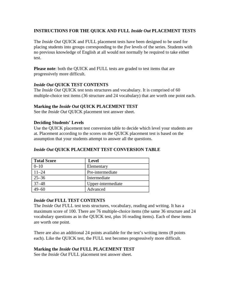 92q Inside Out Full Placement Test Instructions | PDF | Multiple Choice ...