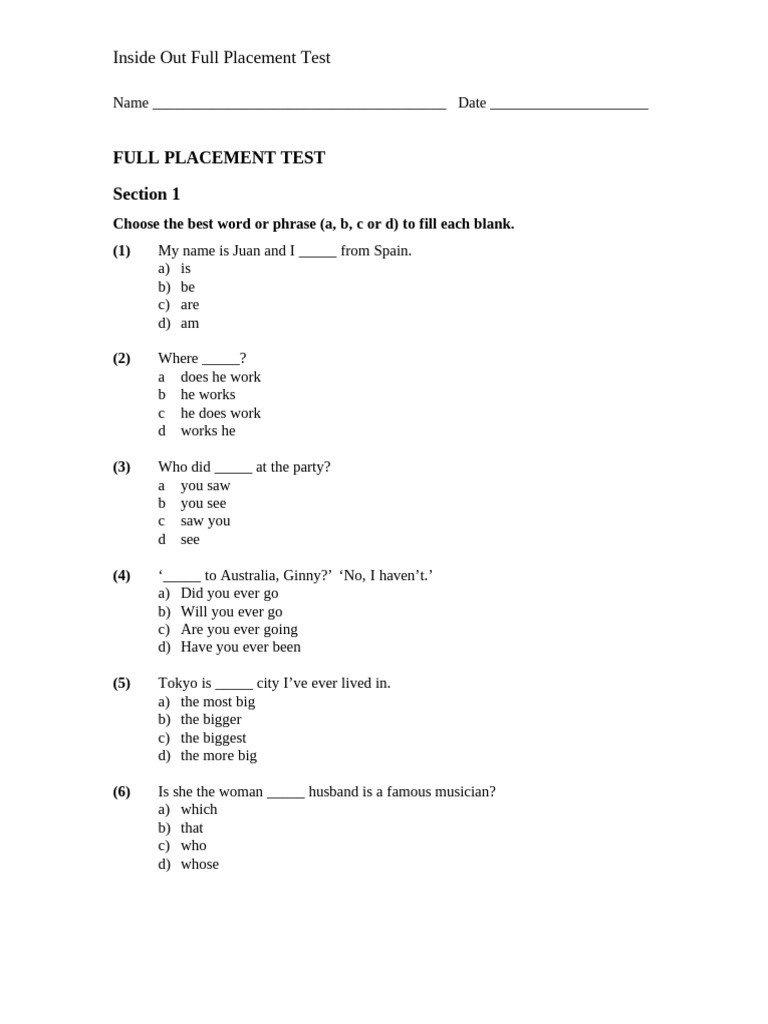 92q Inside Out Full Placement Test 92q | PDF | Tourism | Games & Activities