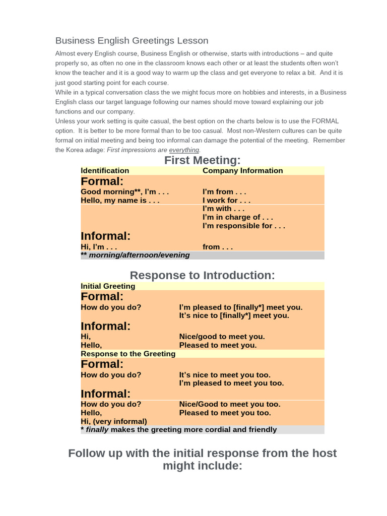 Business English Greetings Lesson | PDF