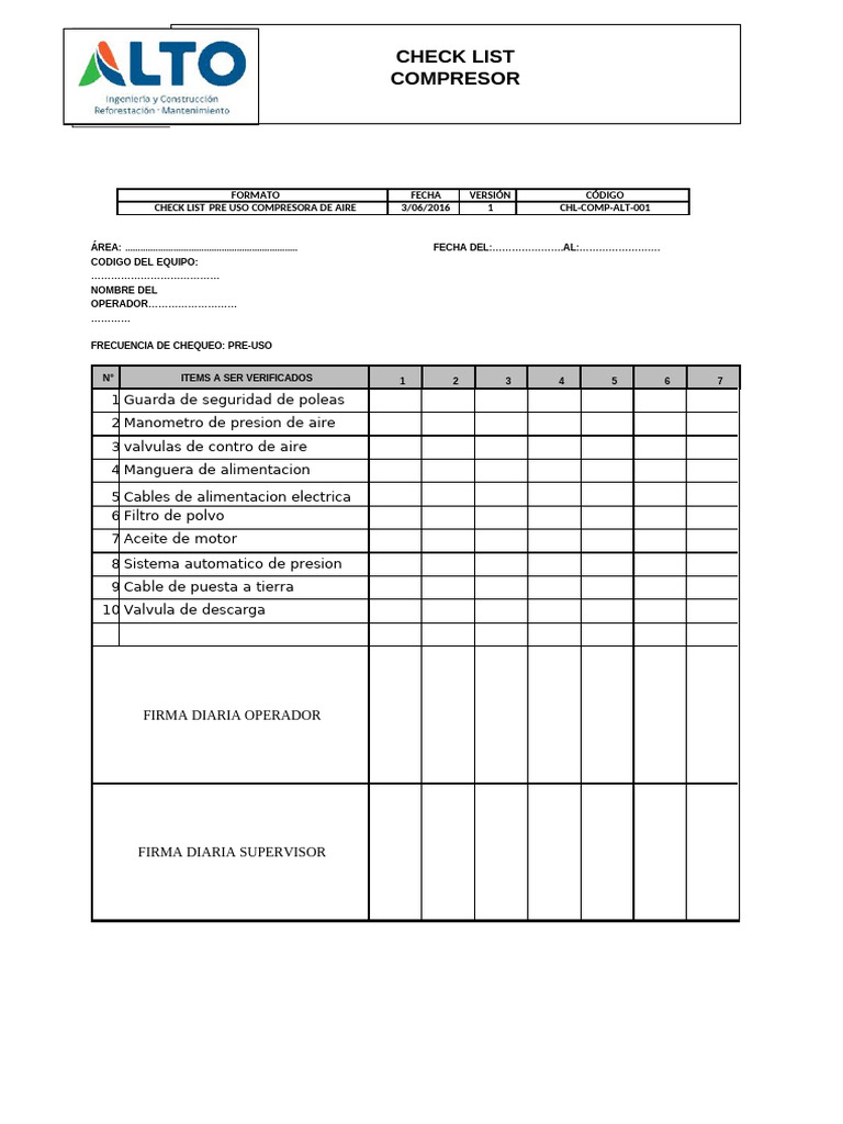 Check List Pre Uso Compresor de Aire | PDF