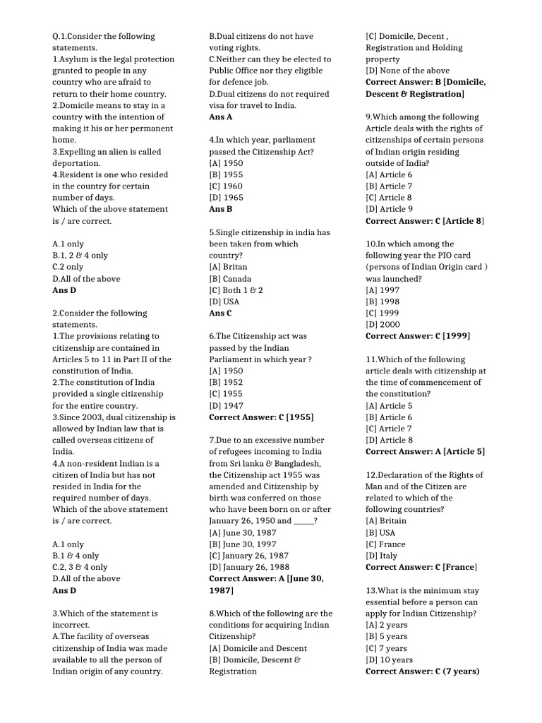 Citizenship MCQ | PDF
