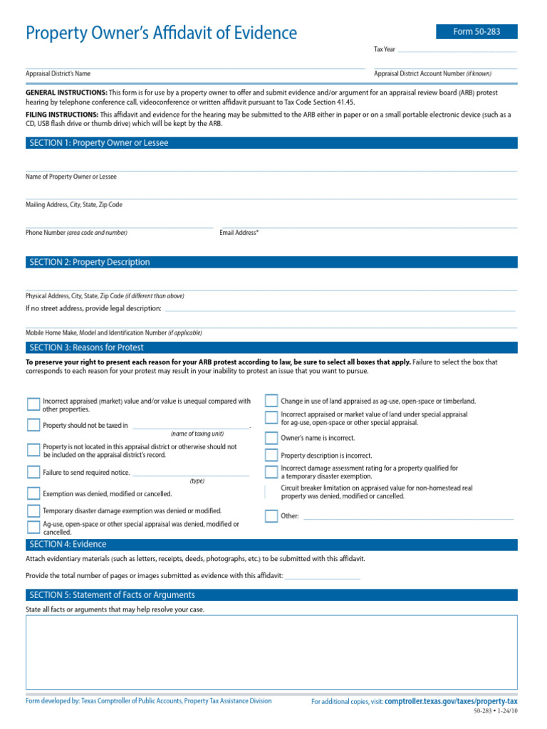 Property Owner's Affidavit of Evidence: Form 50-283 | PDF