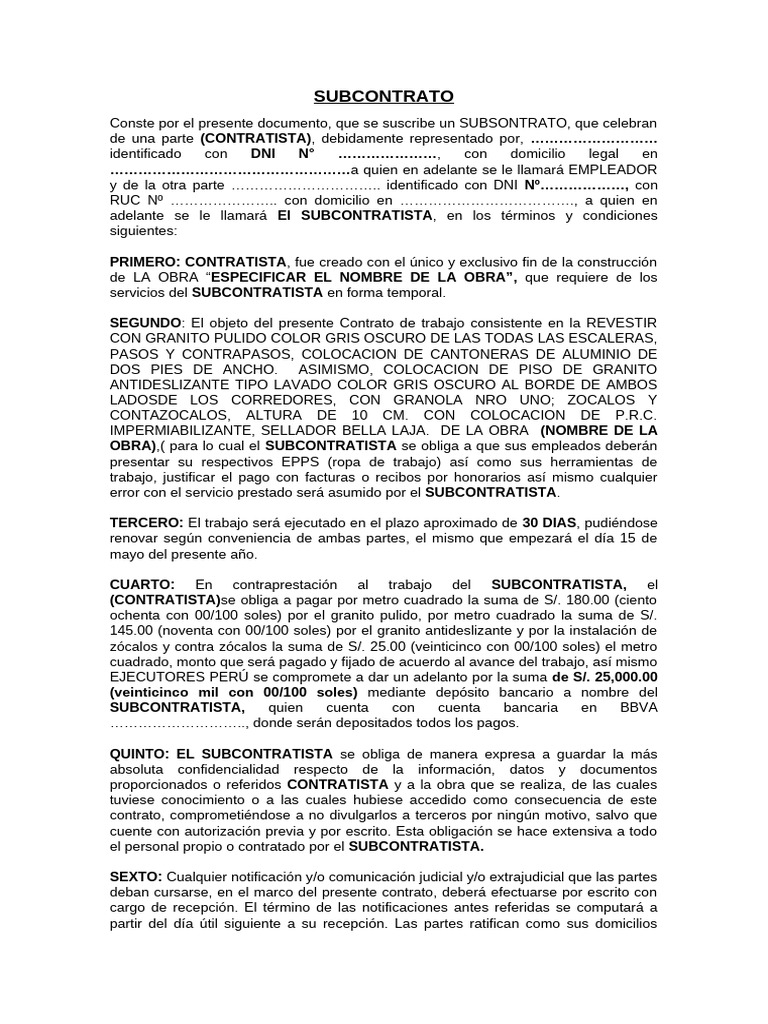 MODELO DE SUBCONTRATO | PDF