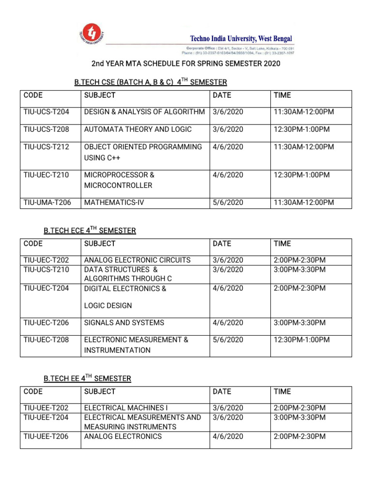 2nd Year 4th Semester MTA Schedule | PDF