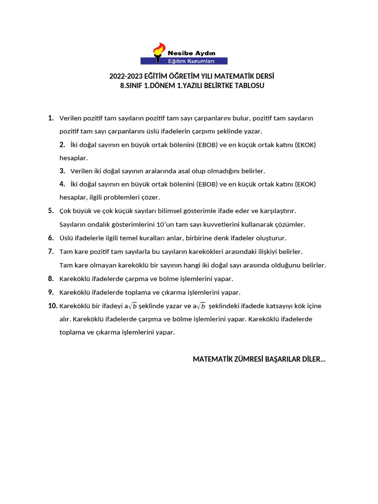 7271 - Odev - 8.sinif Matematik 1. Donem 1. Yazili Belirtke Tablosu | PDF