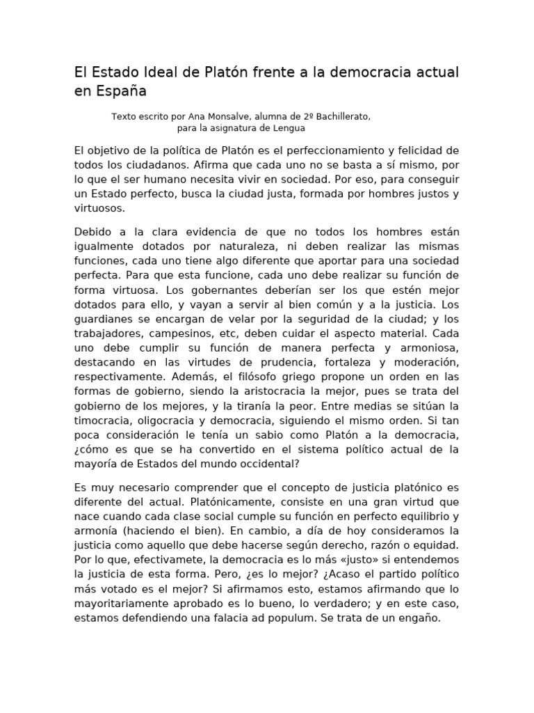El Estado Ideal de Platón Frente A La Democracia Actual en España | PDF