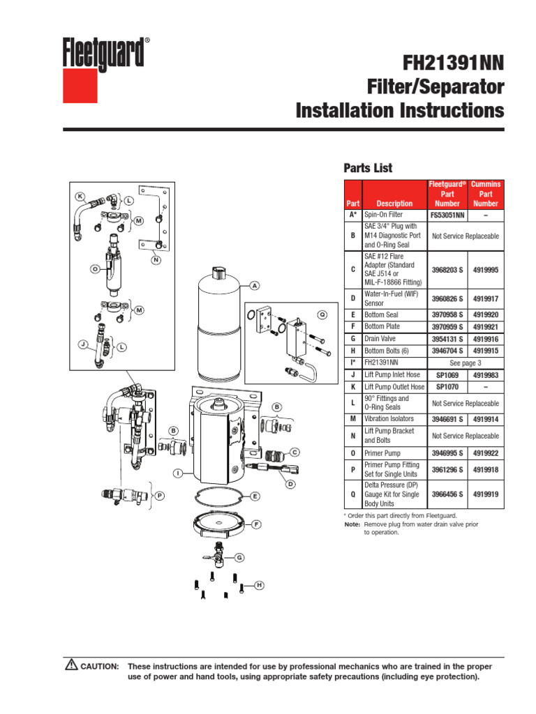 FH21391NN Filter/Separator Installation Instructions | PDF | Valve | Pump
