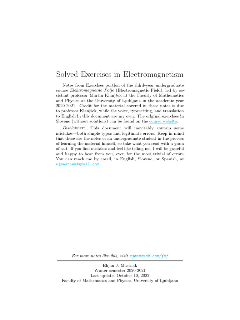 Solved Exercises in Electromagnetism - Mastnak | PDF Solved Exercises in Electromagnetism - Mastnak | PDF
