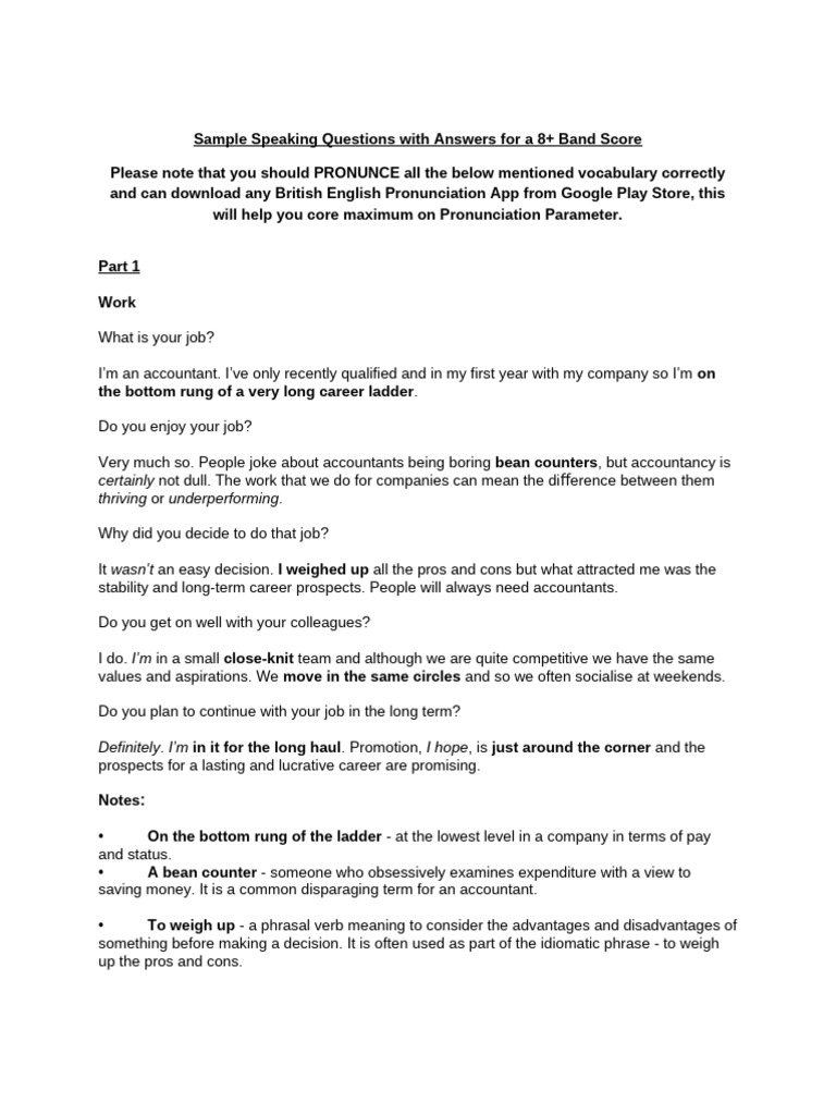 Speaking Sample Question and Answers For A 8 + Band Score | PDF