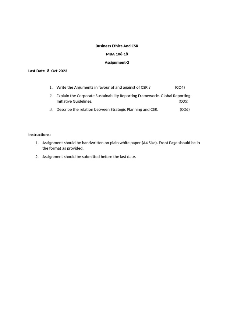 Assignment 2 BE & CSR | PDF