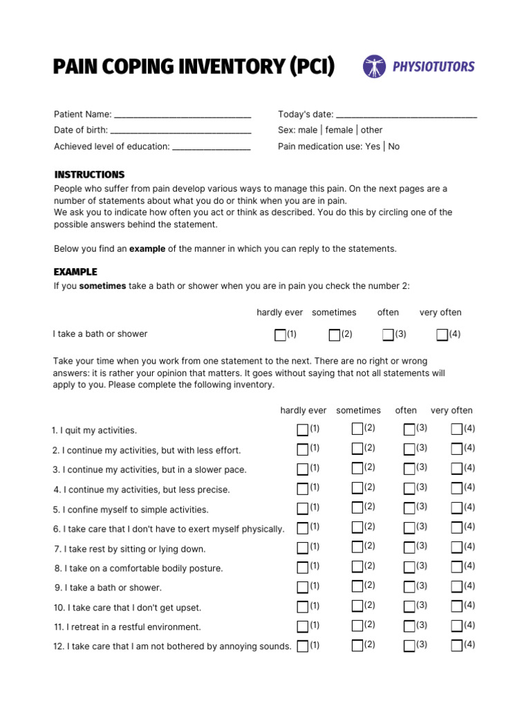 Pain Coping Inventory (Pci) : Instructions | PDF