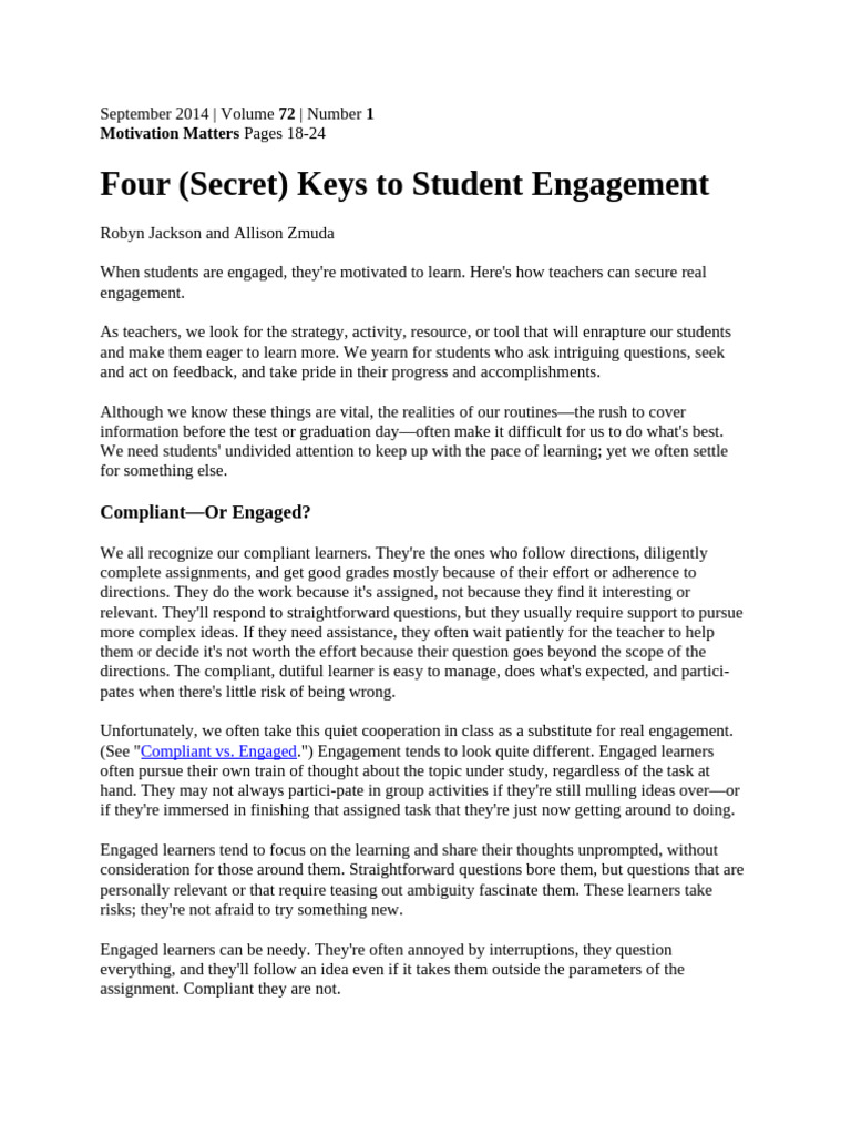 Compliance Vs Engagement | PDF | Knowledge | Teachers