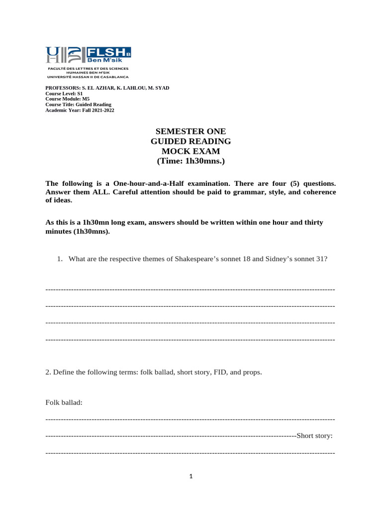 S1 Guided Reading Mock Exam | PDF