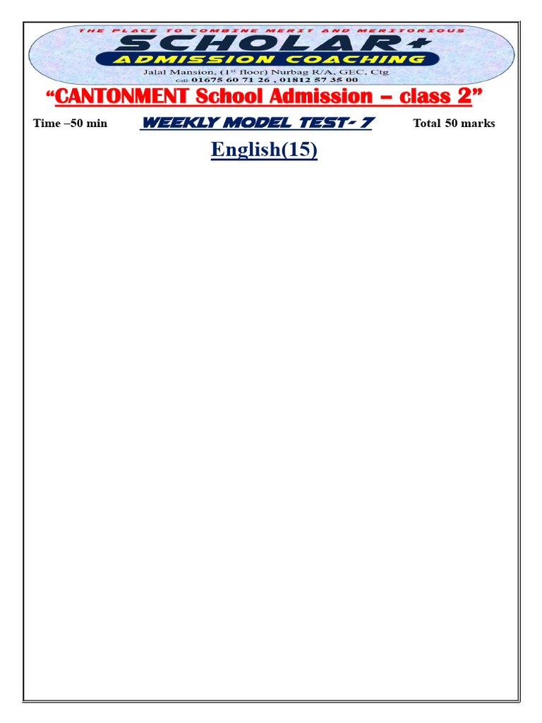Weekly Model Test Exam 7 For Class 2 | PDF