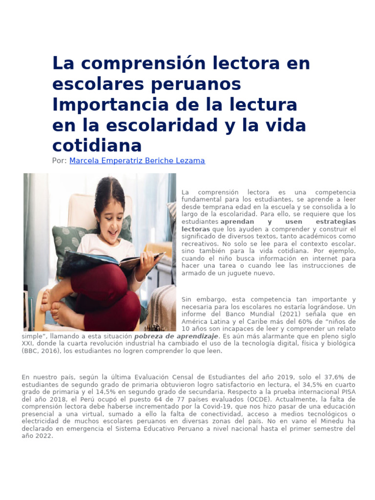 II UNIDAD T3 La Comprensión Lectora en Escolares Peruanos Importancia de La Lectura en La ...