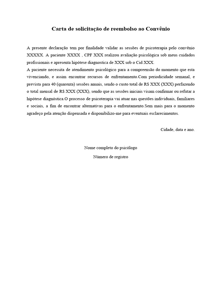 Carta De Solicitação De Reembolso Ao Convênio Pdf