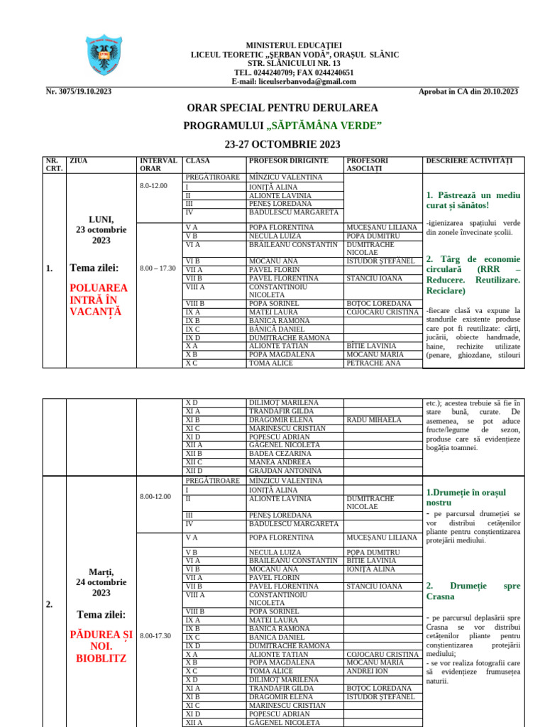 Orar Special Saptamana Verde 2023-2024 | PDF
