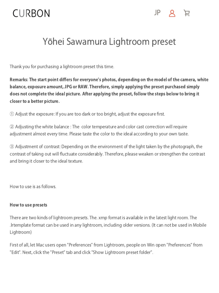 Yohei Sawamura Lightroom Preset - Curbon | PDF
