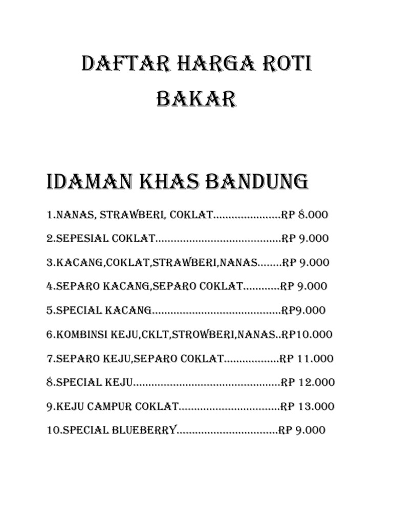 Daftar Harga Roti Bakar | PDF | Griya & Taman | Teknologi & Rekayasa