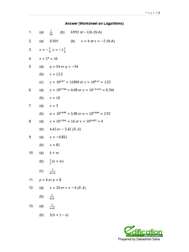 Answer-Worksheet-on-Logarithms-vol-2 (1) | PDF