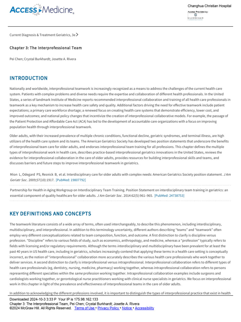 Chapter 3 - The Interprofessional Team | PDF | Geriatrics | Health Care