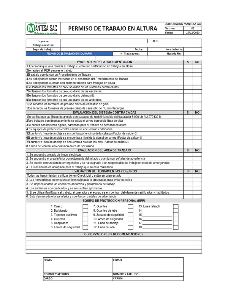 FORMATO - PERMISO DE TRABAJO EN ALTURA - MANTESA | PDF